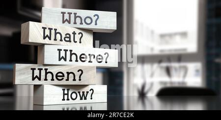 Who, what, when, how - words on wooden blocks - 3D illustration Stock ...