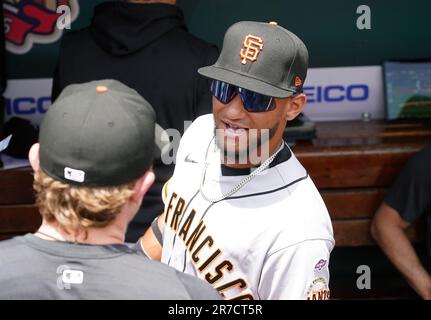 San Francisco Giants' Luis Matos (29) singles during the fourth inning ...