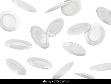 Clean ceramic plates falling on light blue background Stock Photo - Alamy