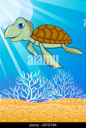 Cute cartoon turtle swimming in water. Vector illustration isolated on ...