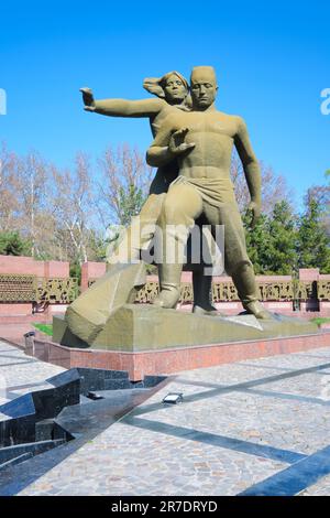 View of the large, bronze, socialist, brutalist style central sculpture ...