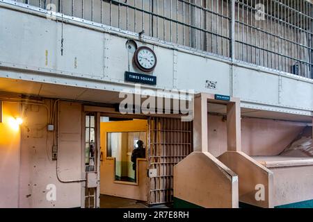 Dining room and showers of the federal prison on Alcatraz Island in the ...