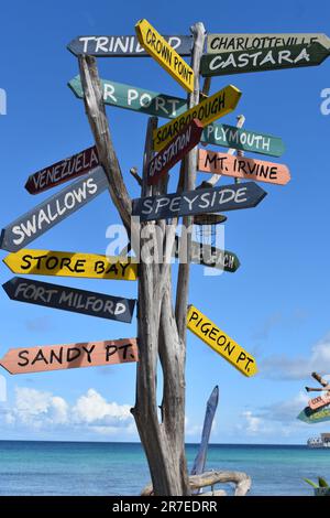 Signs on the seashore of Swallow's Bay, Tobago Stock Photo - Alamy
