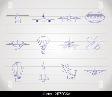 different types of Aircraft Illustrations and icons - Vector icon set 2 ...