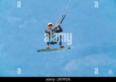 kite surfer in action, airborne over the sea, Mallorca, Spain Stock ...