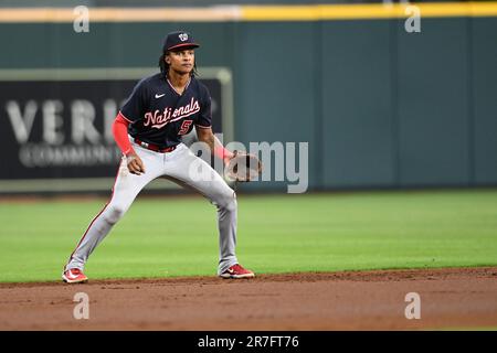 Washington Nationals shortstop CJ Abrams throws to first for an out ...