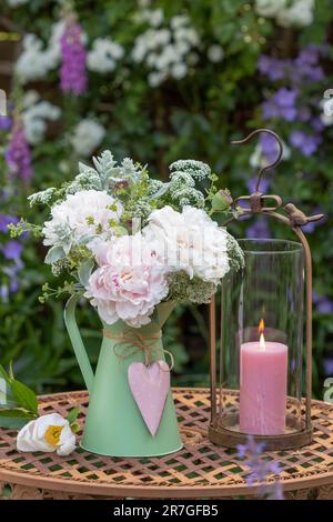 bouquet of pink peony flower and lamb´s ears in vintage vase Stock ...