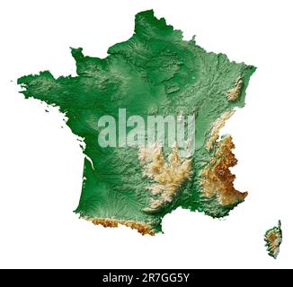 France. Detailed 3D rendering of a shaded relief map with rivers and ...