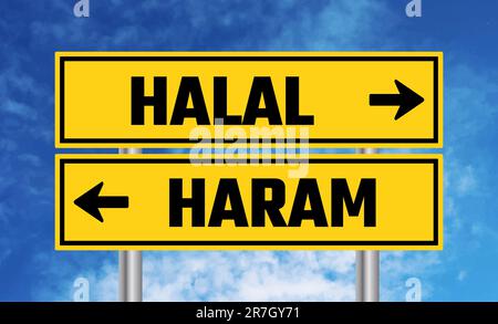 Halal or haram road sign on cloudy sky background Stock Photo - Alamy