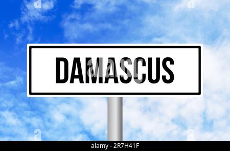 Damascus road sign on sky background Stock Photo - Alamy