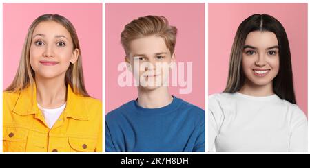 Portraits of teenagers on different color backgrounds, collage design ...