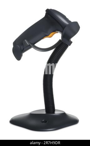 Stand with barcode scanner isolated on white Stock Photo - Alamy