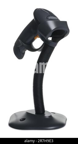 Stand with barcode scanner isolated on white Stock Photo - Alamy