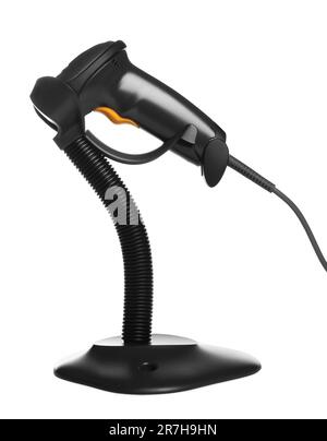 Stand with barcode scanner isolated on white Stock Photo - Alamy