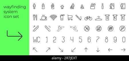 Wayfinding system direction arrow linear icon set. Way finding entrance and exit outline symbol ...