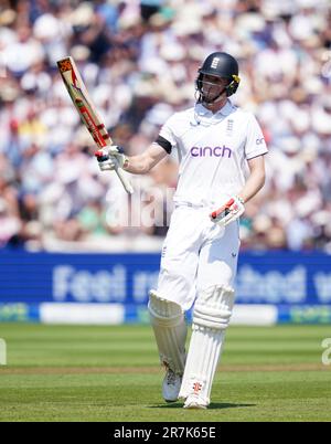 Zak Crawley of England celebrates a half century (50 runs) during the ...
