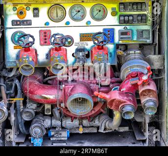Vintage Fire Engine pump control panel including hose connections and ...