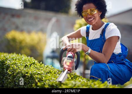 Afro-American woman as she expertly trims hedges using a Hedge Trimmer ...