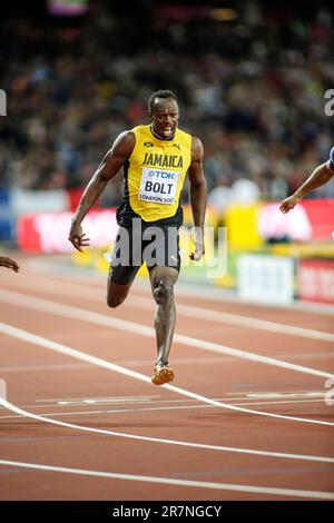 Usain Bolt participating in the 100m final at the World Athletics ...