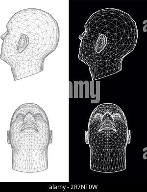 Set of two wireframe views of a human head at different angles on white ...