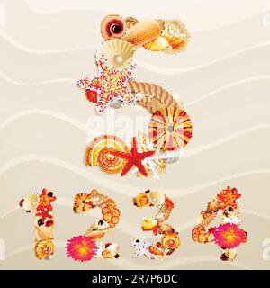 Numbers, vector sea life font on sand background. Check my portfolio ...