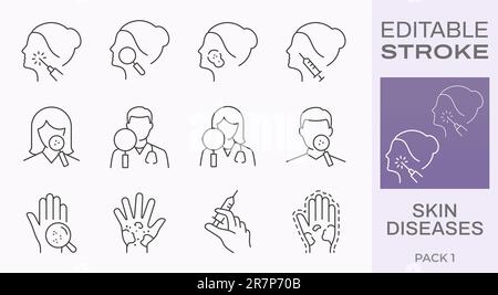 Skin diseases icons, such as psoriasis, sunburn, rosacea, bruise and ...