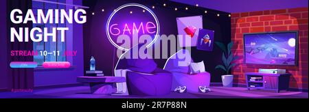 Gamer tournament night cartoon illustration vector. Streamer room ...