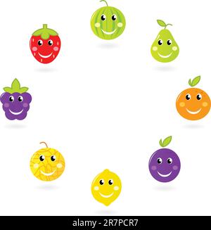 Happy cartoon cute plum, lemon, banana, orange, pear and apple fruit ...
