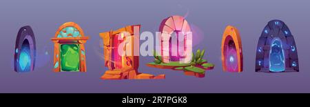 Fairy magic portal cartoon game vector set. Fantasy teleport door to parallel dimension. Wizard ...