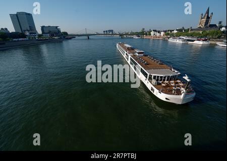 Cologne, Germany. 17th June, 2023. A cargo ship sails on the Rhine ...