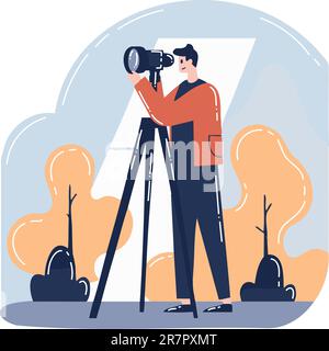 Hand Drawn Cameraman with a camera in flat style isolated on background ...