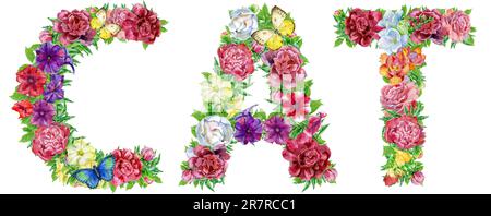 Word CAT of watercolor flowers, isolated hand drawn on a white ...