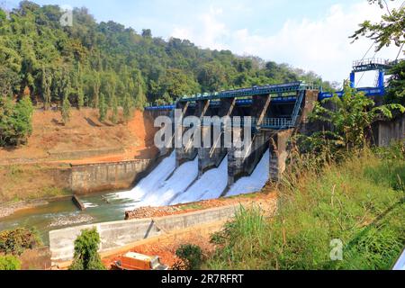 Water rushing through gates at the peruvannamuzhi (peruvannamoozhi) dam ...