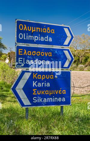 Direction signs, in Greek alphabet and romanized (transliterated ...