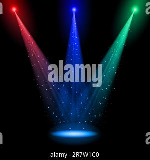 Three conical RGB shafts of light shines a spotlight into the black ...