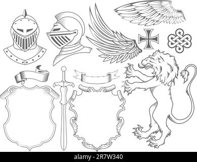 big set medieval symbols, Helmet and gloves, shield with dragon and ...