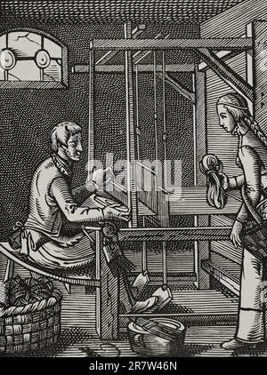 16th century engraving. A woman weaving at loom Stock Photo - Alamy