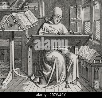 Monk Copyist copying manuscript Stock Photo - Alamy