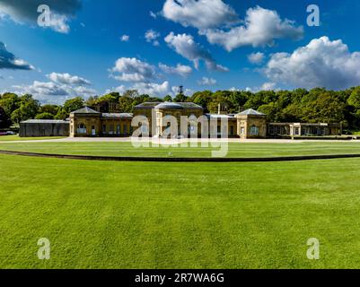 aerial view of Heaton Hall, Park & Heaton Park Reservoir and M62 in the ...