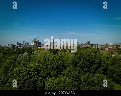 An aerial view directly above a suburban community on the outskirts of ...