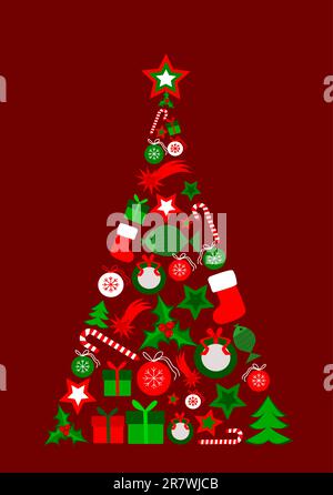image of christmas tree is composed of gift, stars, cone, branch, glass ...