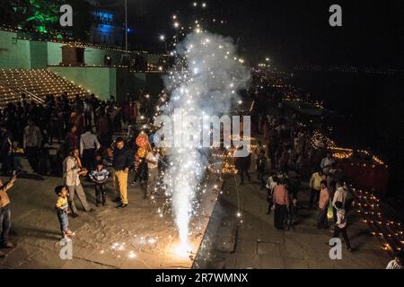 Fireworks on the Ghats of Varanasi during Dev Deepawali celebrations in ...