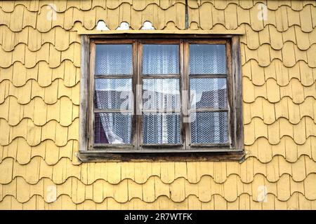 Traditional wood shingles (Tejuela Chilota) on historic buildings on ...