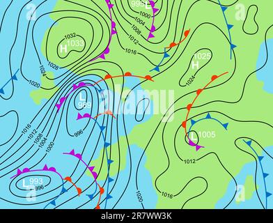 Editable vector illustration of a generic weather map showing a high ...