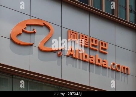 The LOGO of the Alibaba office building is seen in downtown Huangpu ...