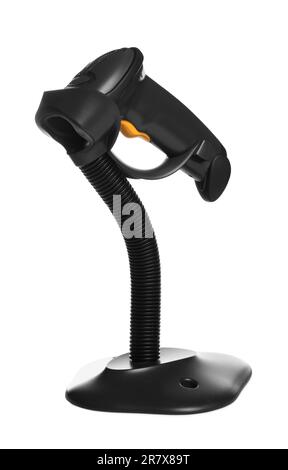 Stand with barcode scanner isolated on white Stock Photo - Alamy