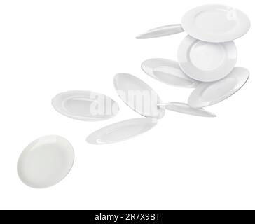 Clean ceramic plates falling on white background Stock Photo - Alamy