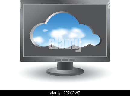 Cloud shape cut out from a computer monitor with a view of the clouds ...