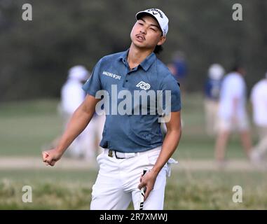 Min Woo Lee of Australia reacts on the 6th hole in round two of the ...
