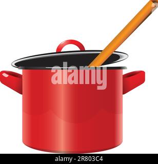 Red pan, saucepan, pot, casserole, cooker, stewpan with boiling water ...